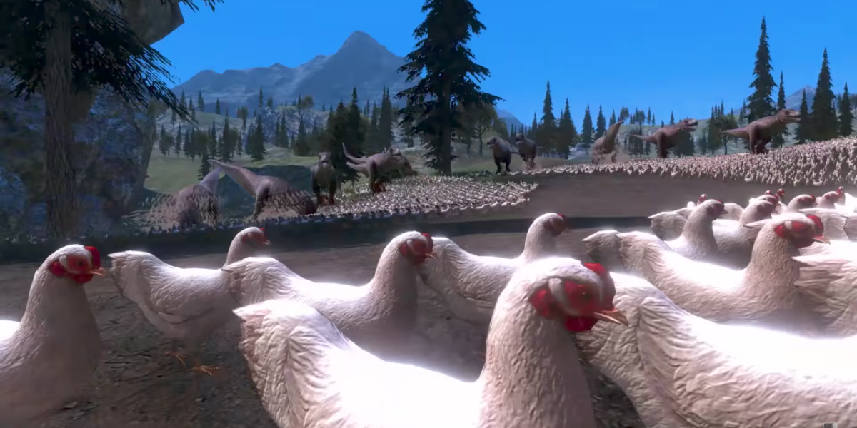 O que aconteceria se 20 tiranossauros Rex enfrentassem 10000 frangos ...